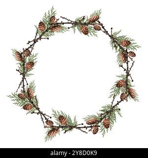 Creative autumn round frame or wreath made of natural winter and autumn ...