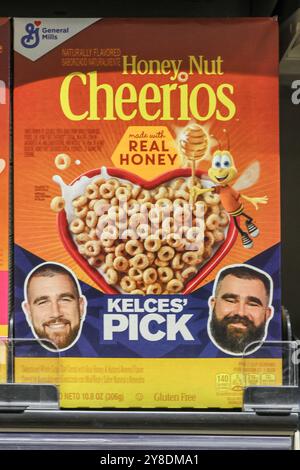 This is a shelf of General Mills Lucky Charms cereal at a market in ...