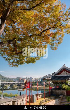 Jinjuseong Fortress traditional pavilion at autumn in Jinju, Korea ...