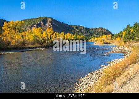 fall colors and cliffs along the blackfoot river near ovando, montana ...