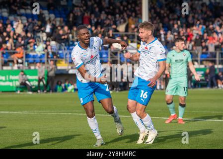 Sam Foley of Barrow celebrates after scoring a goal to make it 0-2 ...