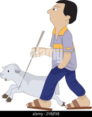 shepherd with stick herding flock of white sheep smiling male farmer ...