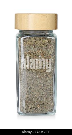 Dry basil in glass jar isolated on white Stock Photo - Alamy