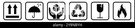 set of packaging symbols (this side up, handle with care, fragile, keep dry, keep away from ...