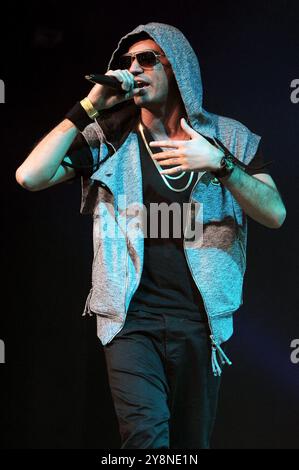 Italian rapper Marracash performs live on the stage of stadium Maradona ...