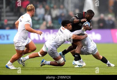 Exeter Chiefs' Greg Fisilau is tackled during the Gallagher PREM match ...