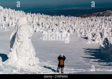 Hikers exploring the frozen Snow Monsters at Zao, Yamagata, Japan Stock ...