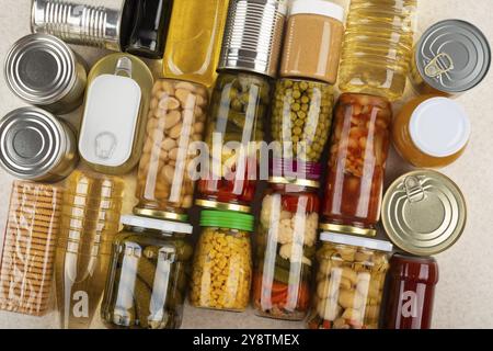 Emergency groceries food background flat lay Stock Photo - Alamy