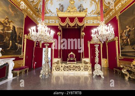 Genoa, Italy - Royal Palace, throne room interior, gold and red velvet ...