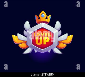 Level up game reward, rate icon featuring golden stars, upward arrow ...