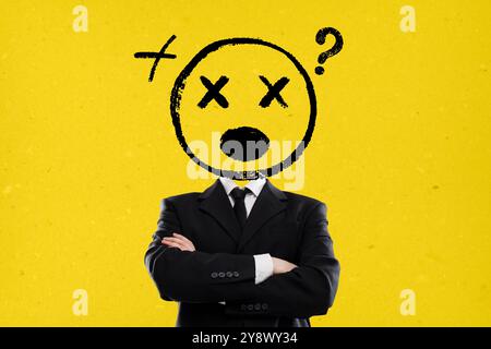 Businessman with a confused emoji headed, thinking about problem ...