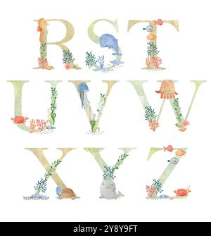 Underwater font or sea animals typeface of cartoon ocean characters ...