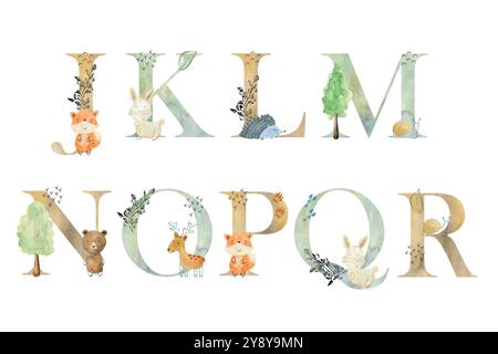 Watercolor woodland animals vector letters for invitation card, nursery ...