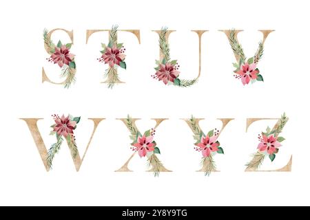 Watercolor christmas vector floral alphabet for invitations, greeting card, birthday, poster ...
