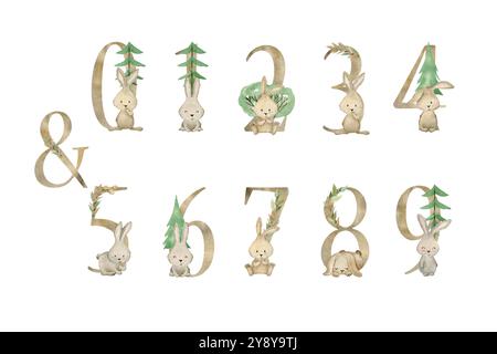 Watercolor woodland animals vector numbers for invitation card, nursery ...