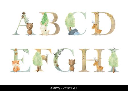 Watercolor woodland animals vector letters for invitation card, nursery ...