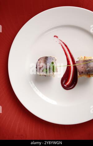 Gourmet pickled herring appetizer at fine dining Polish restaurant ...