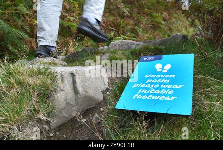 PERSON WALKING PAST UNEVEN PATH WARNING SIGN RE WALKERS WALKING HILL ...