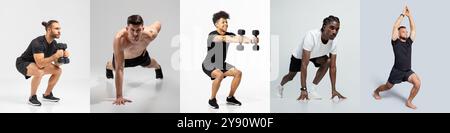 Collage of different fitness exercises isolated on a white background ...