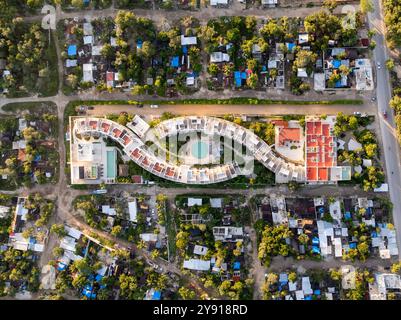 Aerial view of hotels and resorts of Tulum in Yucatan, Mexico at dawn ...