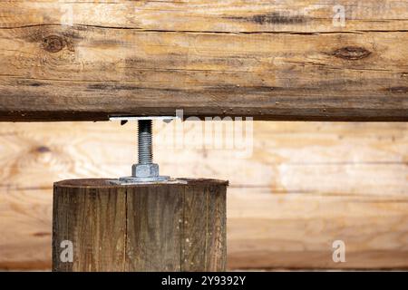 Bolted adjustable connection of a beam and column of a log house, close ...