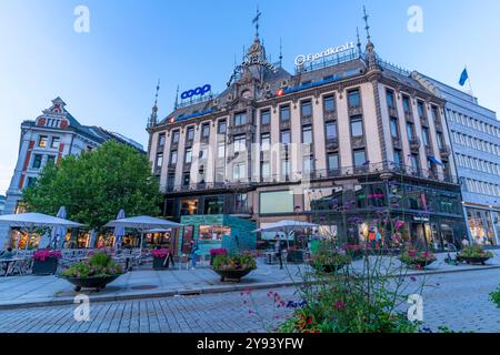View of architecture on Karl Johans Gate at dusk, Oslo, Norway ...