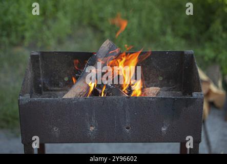 Open Air Rustic Metal Barbecue Grill with Firewood. Fire flame for BBQ ...