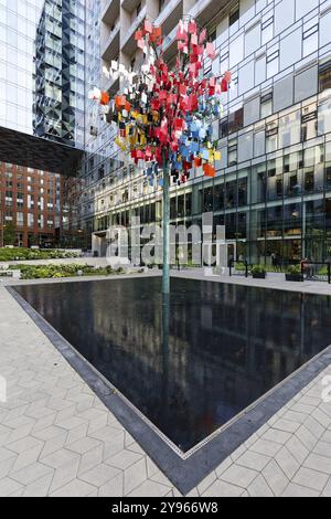 Water pool between modern buildings, Montreal, Province of Quebec ...