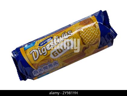 packet of McVitie's Digestives Gold biscuits, golden caramel flavour isolated on white ...
