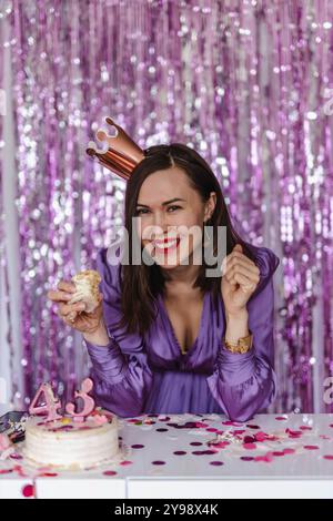 Photo of shiny pretty age woman dressed white outfit smiling pointing ...