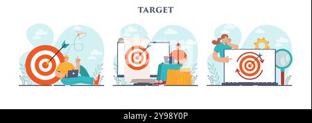 Target concept set. Ambitious characters aiming in target and shooting ...