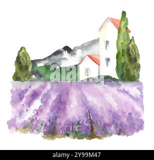 Watercolor illustration of lavender field with houses and mountain ...
