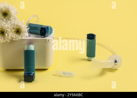 Modern inhalers and chrysanthemum flowers on green background Stock ...