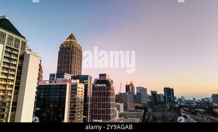 Aerial view of Atlanta freeway with heavy traffic on a Sunday evening ...