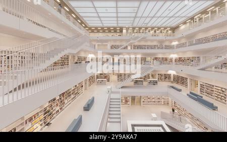 Modern, bright library with open staircases and many bookshelves in a ...