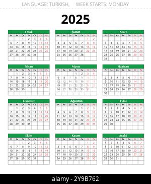 2025 year turkish calendar. Printable and editable vector illustration ...