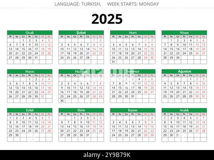 2025 year turkish calendar. Printable and editable vector illustration ...