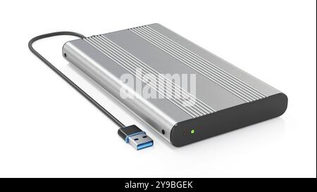 External storage unit with USB cable isolated on white background. 3D ...