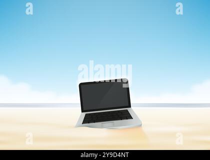 Travel and technology computer with beach on screen vector illustration ...