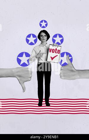 Young woman with USA flag pointing at viewer on blue background ...
