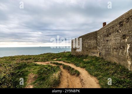 A winding path runs along a coastal cliff with a vintage stone wall ...