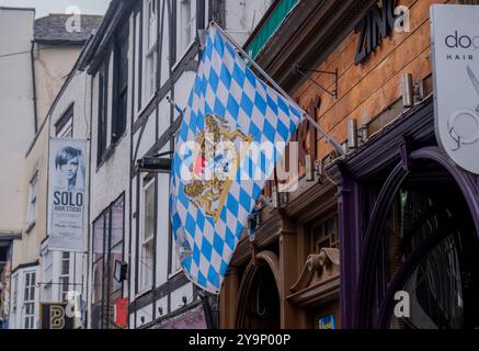 Bavarian flags flying outside a German Bierkellar - beer cellar bar in ...