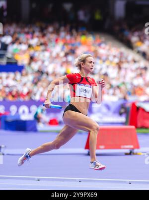 Giulia Senn participating in the 4X400 meters relay at the Paris 2024 ...