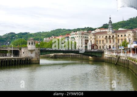 The City Hall Bridge iron drawbridge over the River Nervion Bilbao ...