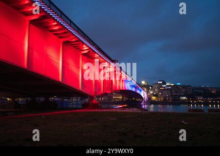Belgrade: Brankov Most (bridge) illuminated with Serbian flag colours ...
