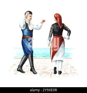 Traditional Greek folk Cretan dancers set . Greece. Hand-drawn ...