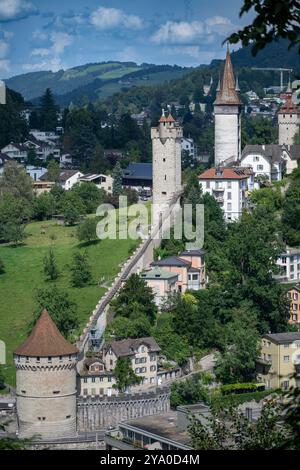 Panoramic view of Luzern Musegg Wall (Museggmauer) and its Towers ...