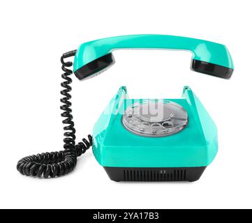 Old turquoise color telephone with rotary dial isolated on white Stock ...