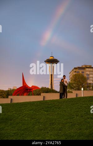 Seattle, USA. 1 Nov, 2023. Seattle rainbow over the space needle from ...