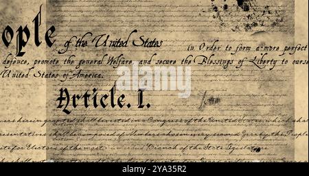 Digital image of written constitution of the United States moving in ...